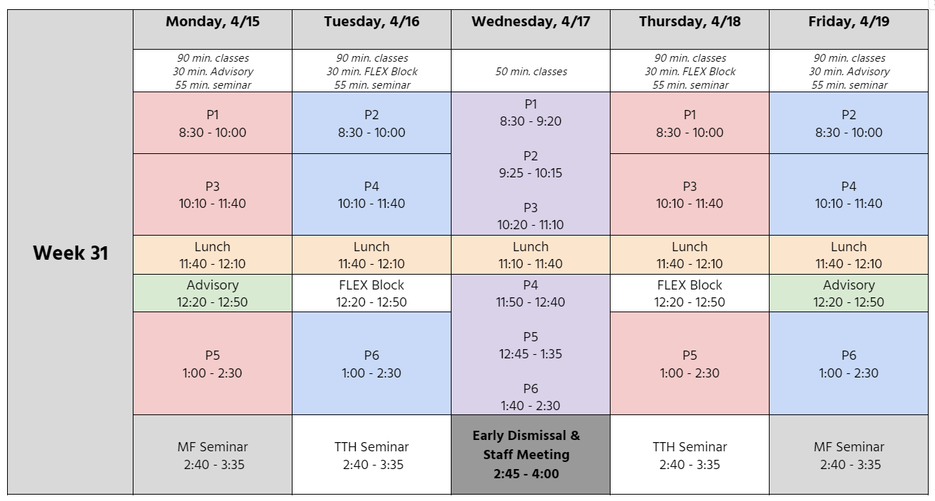 Week 31 Schedule