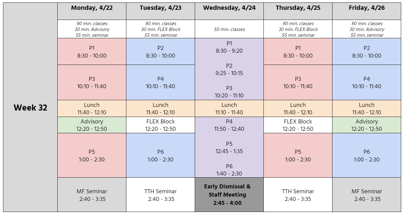 Week 32 Schedule