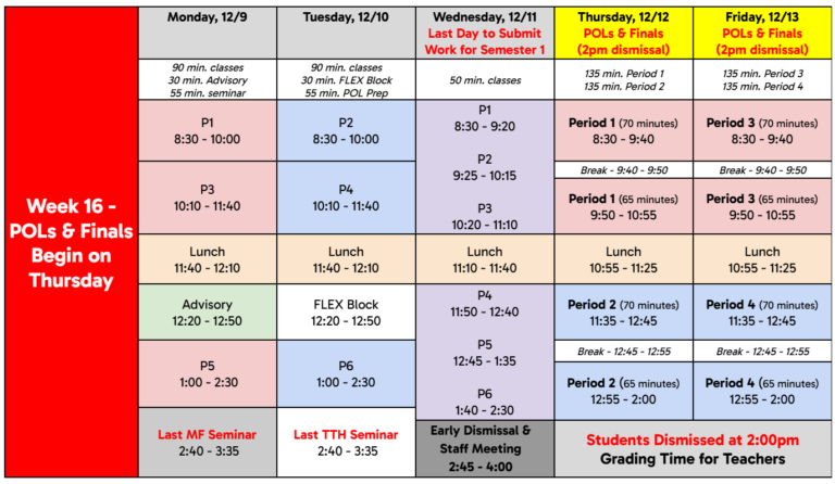 Week 16 Schedule: POLs & Finals start Thursday!