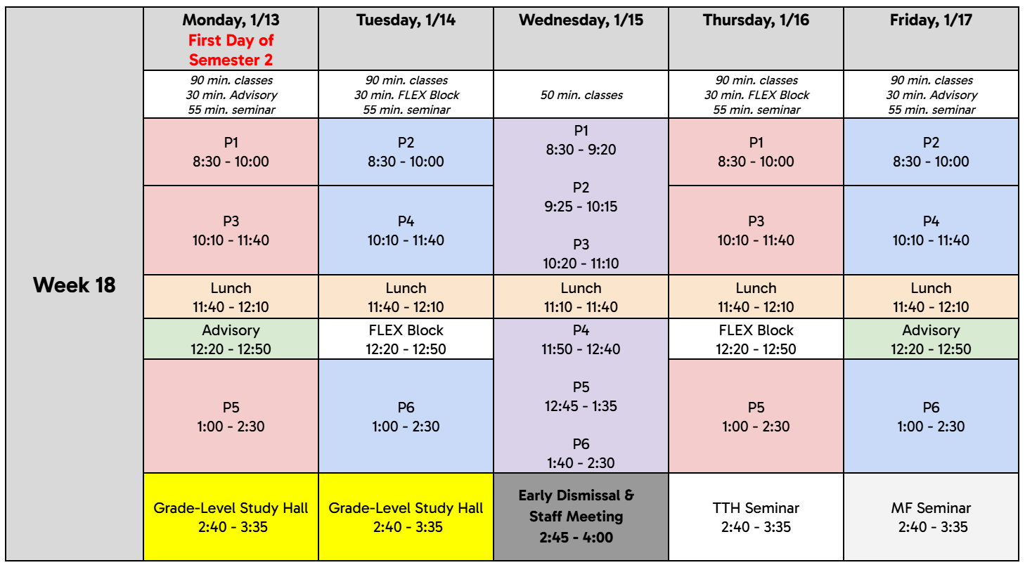 Week 18 Schedule: Semester 2 begins Monday!