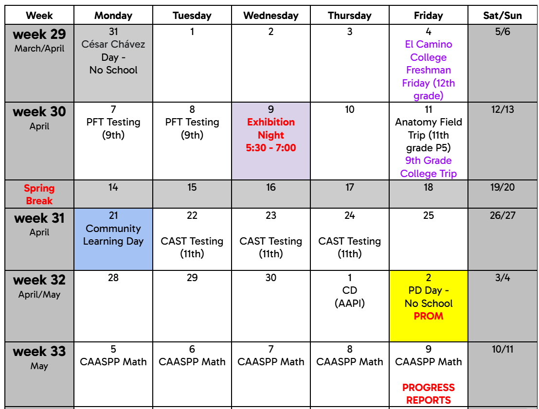 Week 29 Schedule