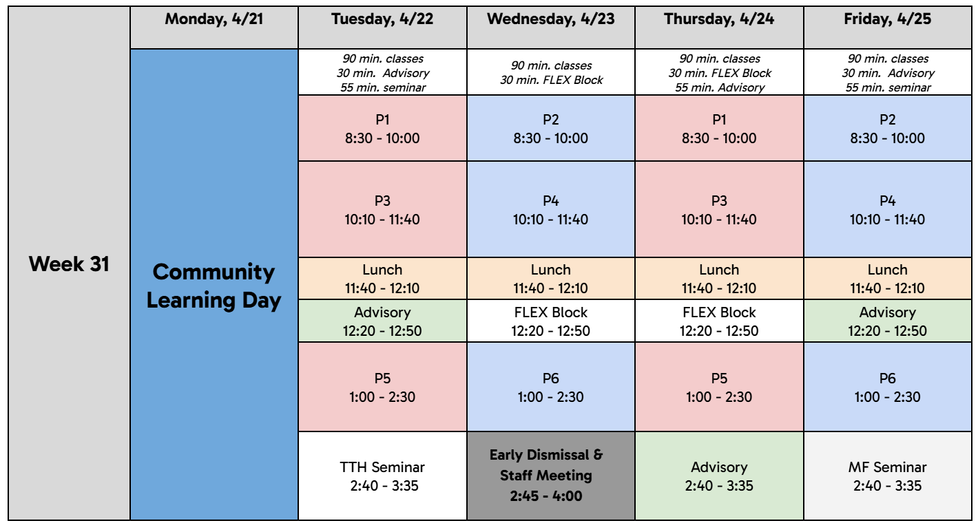 Week 31 Schedule