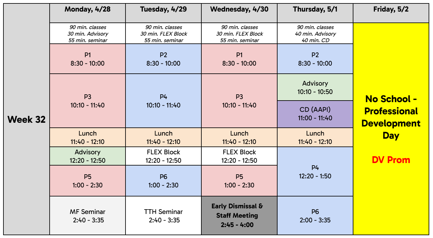 Week 32 Schedule