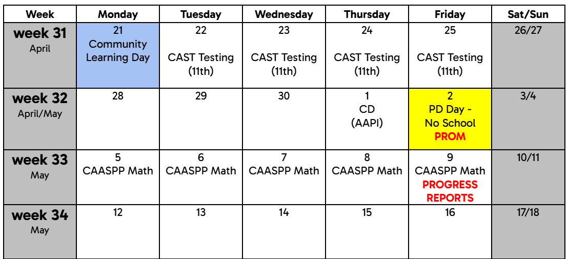 Week 31 Schedule