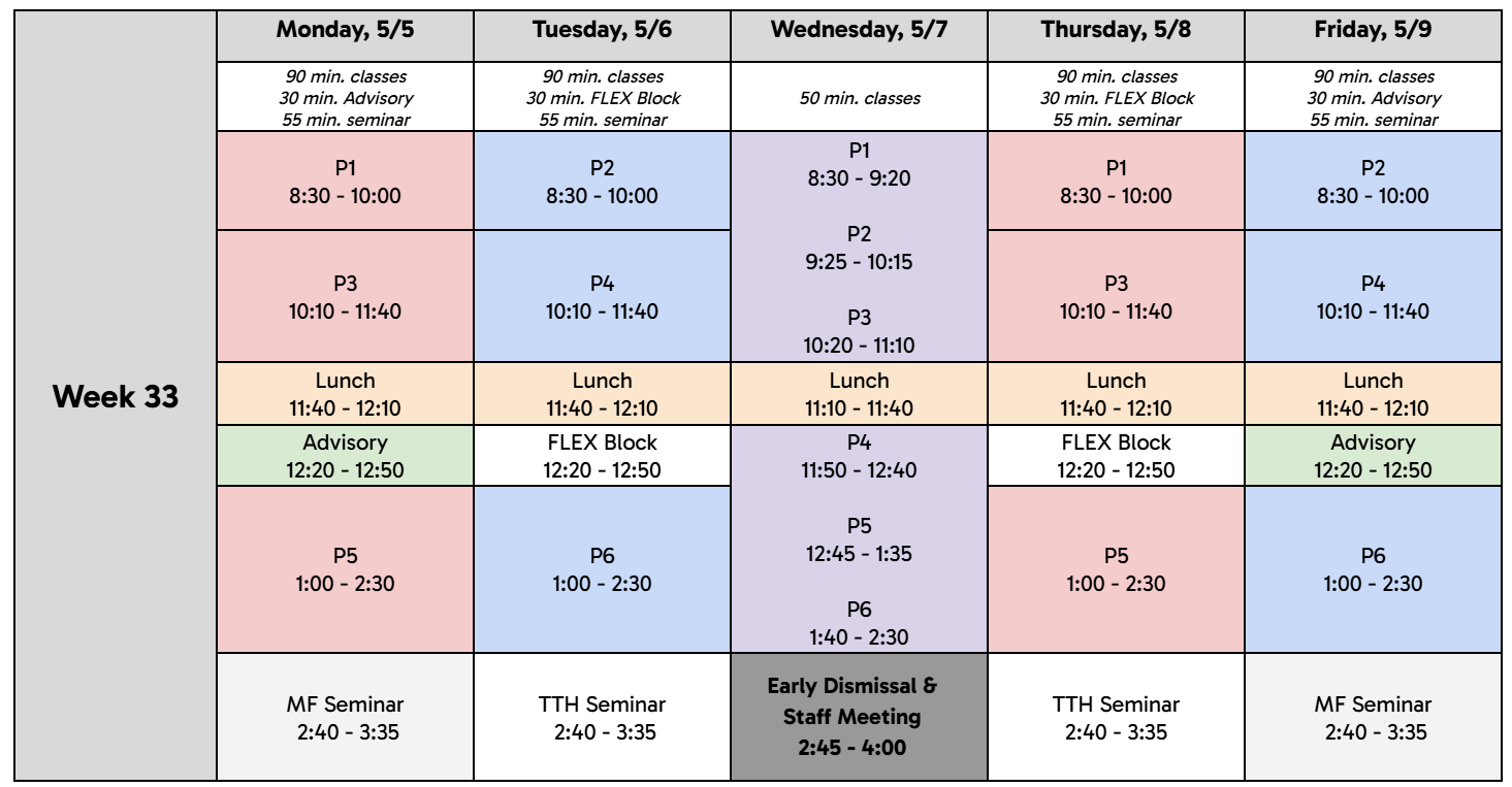 Week 33 Schedule